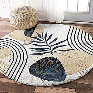 Mid Century Area Rug Khaki Brown Geometric Floral Round Rug Fluffy Floor Carpet Soft Rug Minimalist Modern Art Non-Slip Throw Rug 3' Diameter for Living Room, Bedroom, Apartment, Sofa