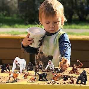 Toymany 14PCS Monkeys Gorillas Figurines Playset, Plastic Jungle Animals Monkey Toy Set Included Chimpanzee Mandrill Gibbons, Cake Toppers Christmas Birthday for Kids Todllers