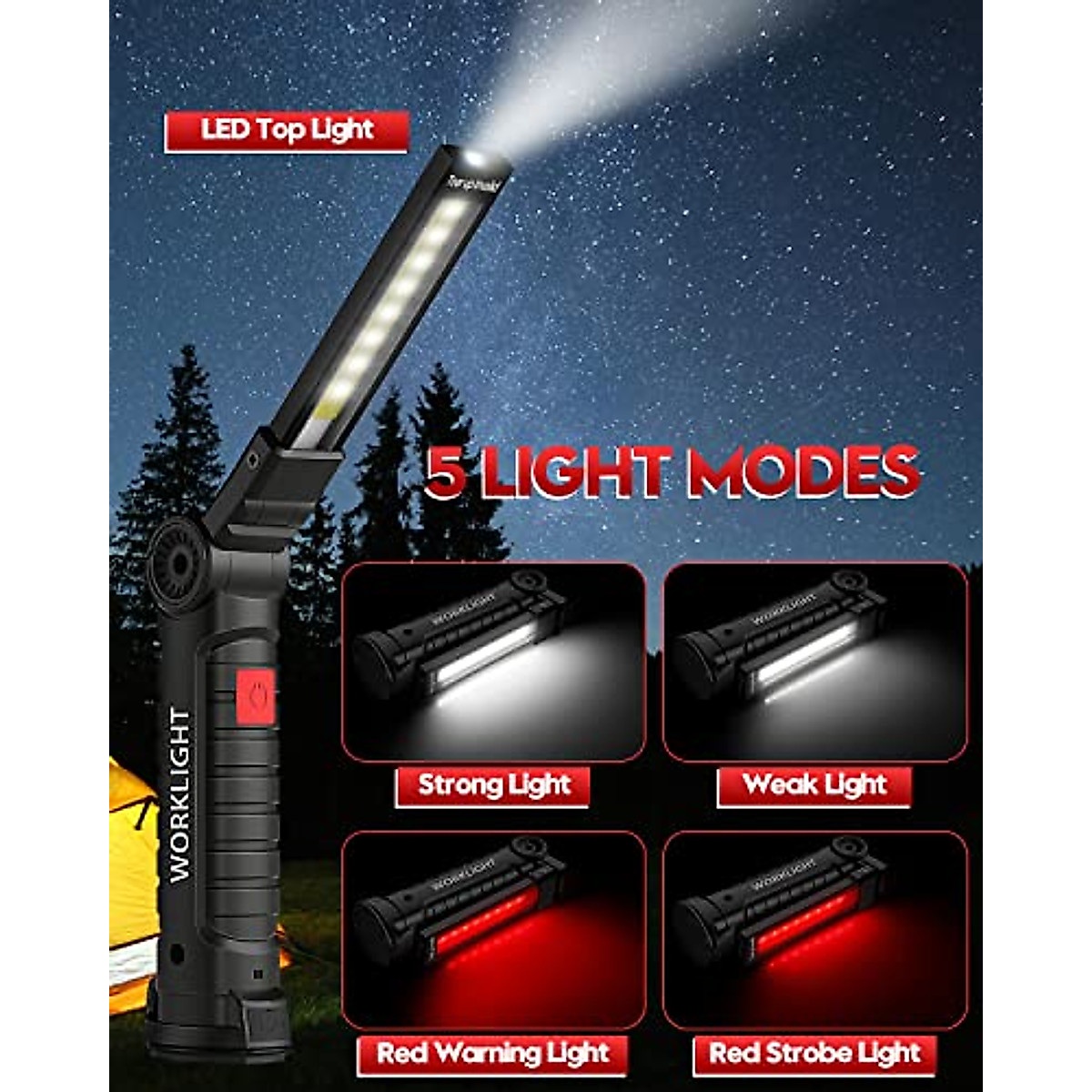 Coquimbo Tool Gifts for Men, Rechargeable LED Work Lights Grill Light Flashlights with Magnetic Base 5 Modes 360° Rotate(2pack Black)