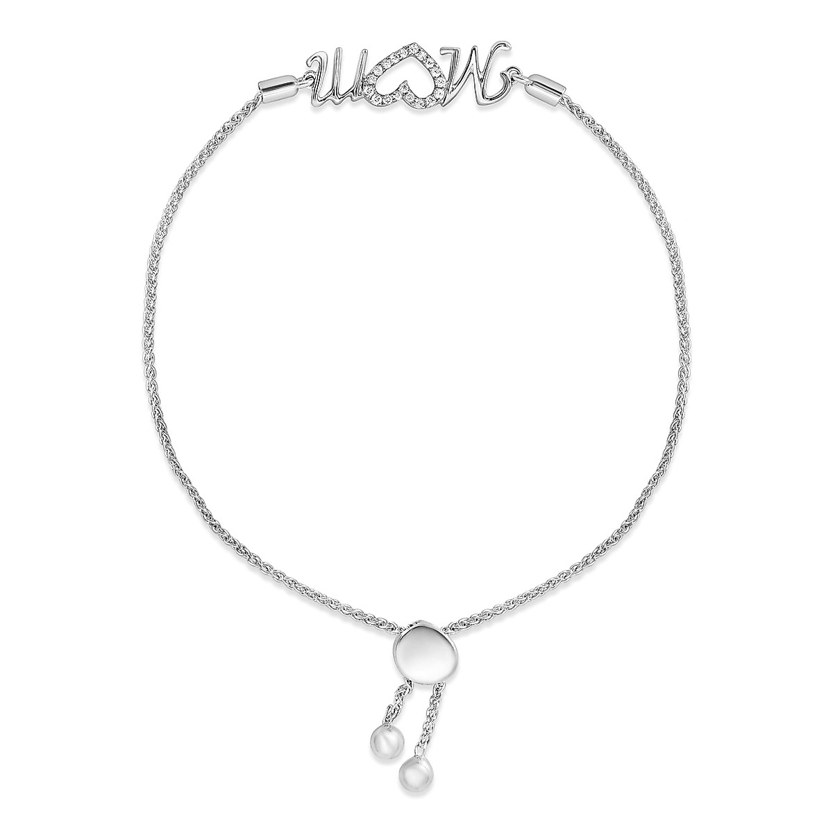 ARAIYA FINE JEWELRY 925 Sterling Silver Round-shape Diamond Mom Heart Bolo Bracelet (1/10 cttw, I-J Color, I2-I3 Clarity), 7''