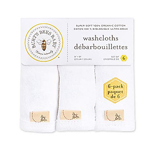 Burts Bees Baby Infant Washcloths Made of 100% Organic Cotton, Soft and Super Absorbent Knit Terry Cloths, 6-Pack Newborn Bath Essentials, Heather Gray and White Wash Cloths