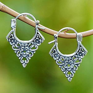 NOVICA Artisan Handmade .925 Sterling Silver Hoop Earrings | Floral Dangle Earrings | Jewelry Dangle Earring | Silver Traditional Earrings | Wirl Earrings For Women | French Wire Earrings