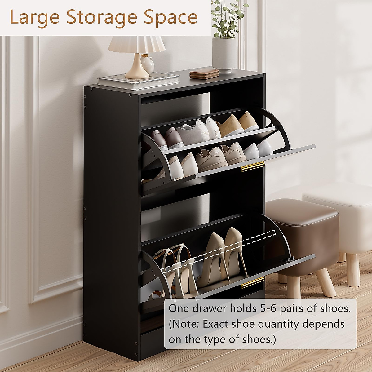 LYNSOM Shoe Cabinet, Free Standing Tipping Bucket Shoe Rack Organizer with 2 Flip Drawers, Modern Entryway Shoe Storage with Top Display, Narrow Slim Hidden Shoe Cabinet (Black)