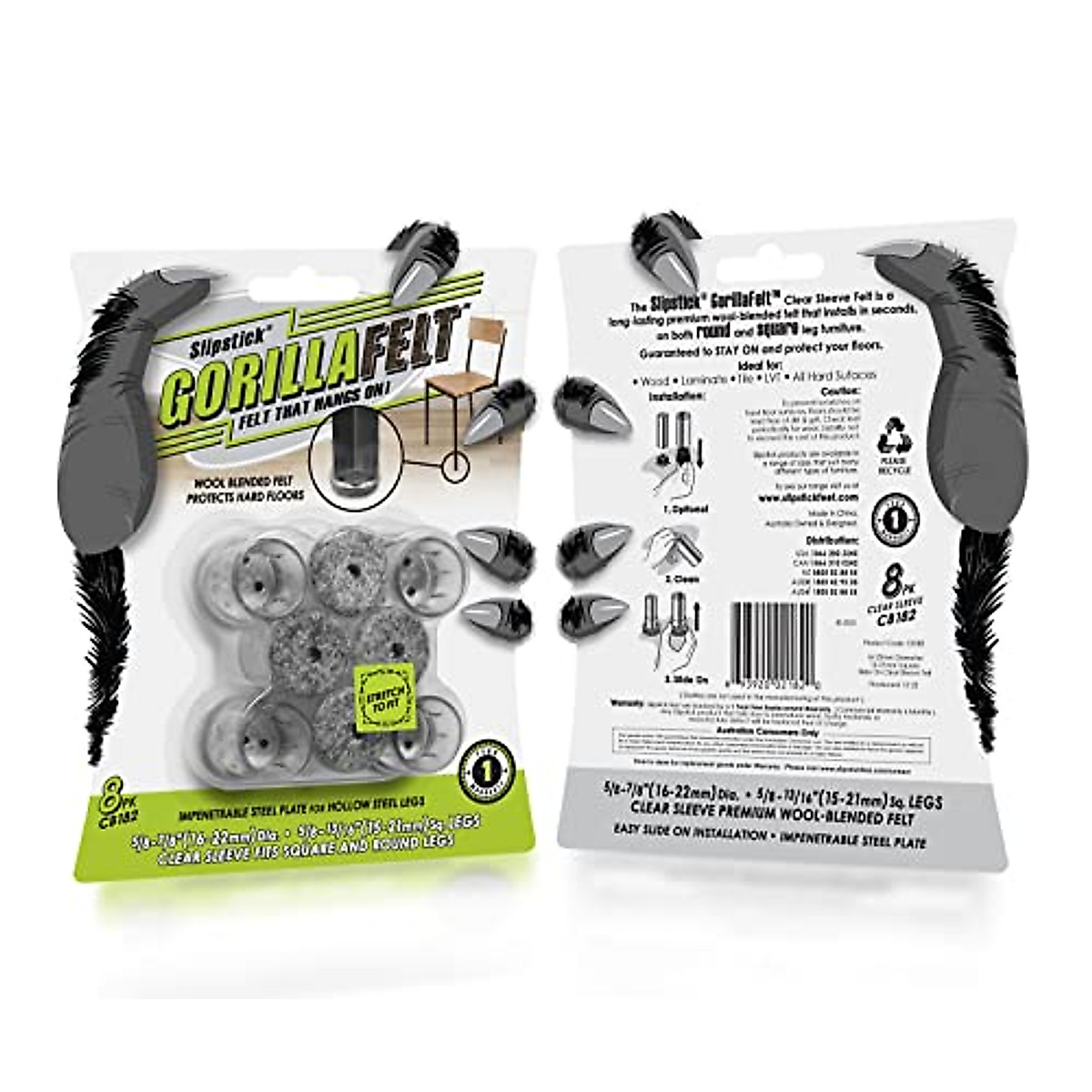 Slipstick GorillaFelt Chair Leg Floor Protectors for Hardwood Floors, Clear Sleeve Felt Pads for Furniture That Stay On, Fits Round & Square Legs, Includes 8 Premium Transparent Chair Socks, CB182