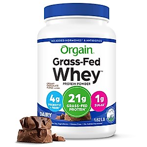 Orgain Whey Protein Powder, Creamy Chocolate Fudge - 21g Grass Fed Dairy Protein, 5g BCAAs, 4g Prebiotic Fiber, No Sugar Added, No Added Hormones, Gluten Free, Kosher, For Shakes & Smoothies - 1.82lb