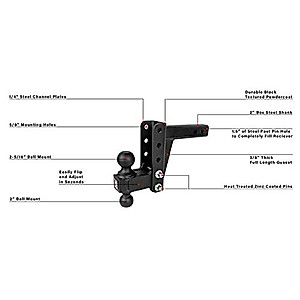 Bulletproof Hitches™ 2.0" Adjustable Medium Duty (14,000lb Rating) 4" Drop/Rise Trailer Hitch with 2" and 2 5/16" Dual Ball (Black Textured Powder Coat)