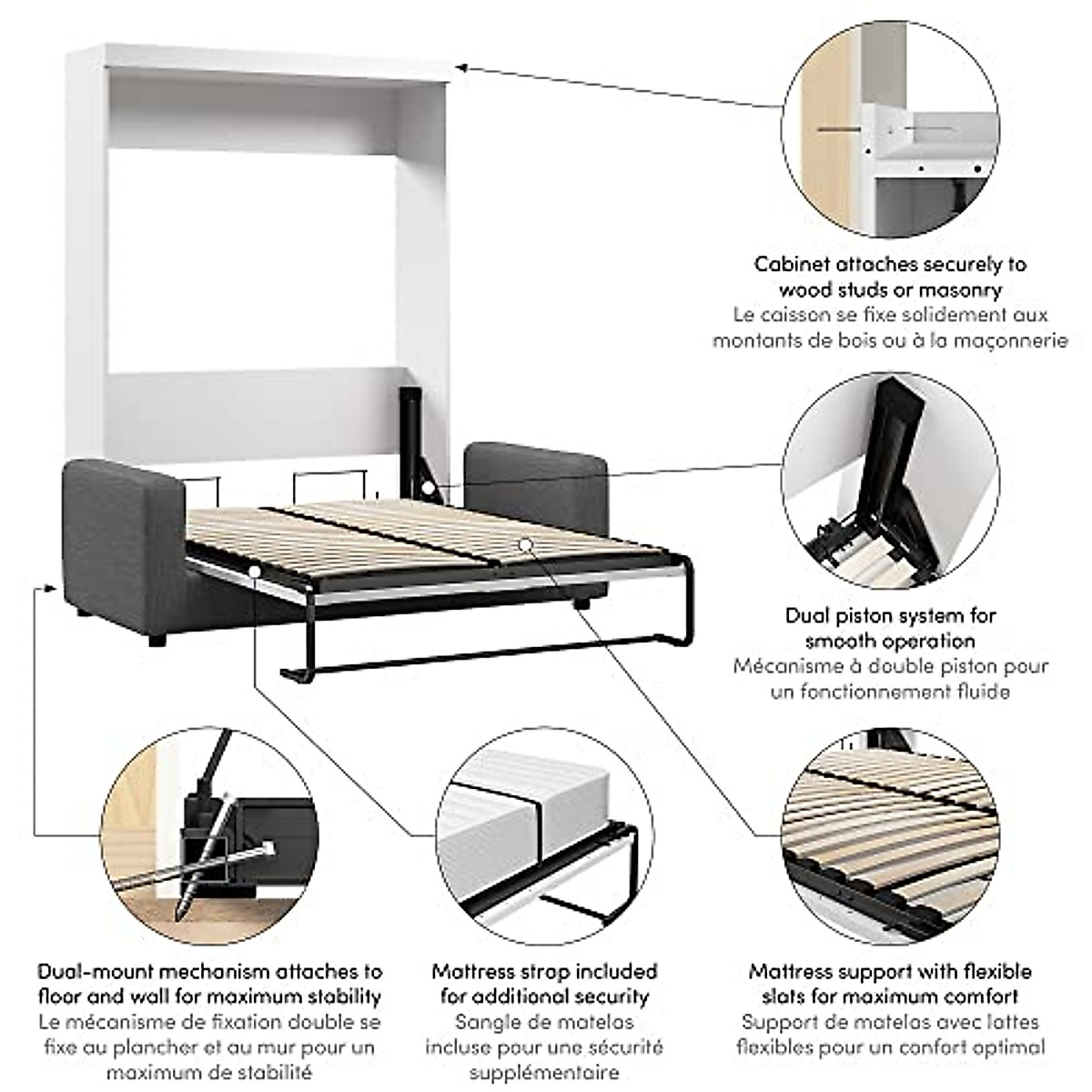 Bestar Pur Murphy Sofa, Space-Saving Wall Bed for Multipurpose Guest Room, Full, White