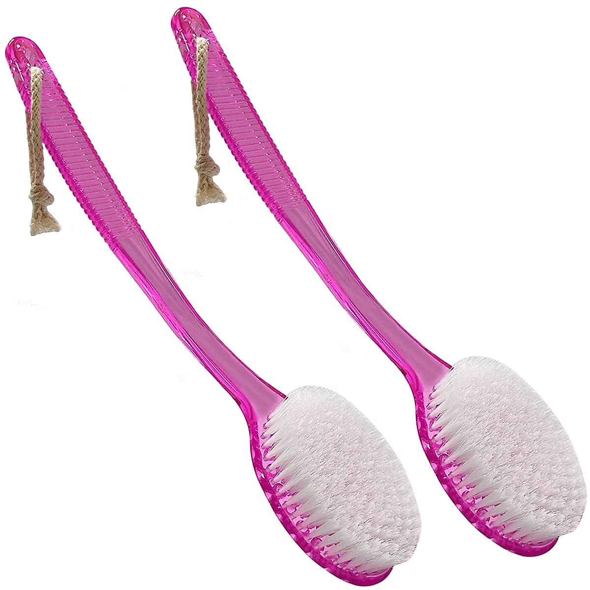 Back Bath Brush - Curved Long Handle Shower Brush with Medium Stiff Bristles for Exfoliating Body, Back Scrubber for Men & Women (Pink 2 Pack)