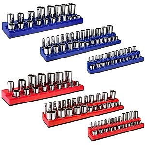ALOANES 141-Slot Magnetic Socket Organizer, 6PC Socket Holder Kit, 1/2-inch, 3/8-inch, 1/4-inch Drive Socket Tray Holders,for Standard and Deep Metric SAE Sockets, Heavy Duty Organizer(Red&Blue)