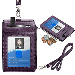 ELV Badge Holder with Zipper, PU Leather ID Badge Card Holder Wallet with 5 Card Slots, 1 Side RFID Blocking Pocket and 20 inch Neck Lanyard Strap for Offices ID, School ID, Driver Licence (Purple)