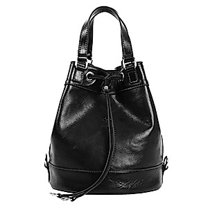 Time Resistance Leather Bucket Bag Full Grain Real Leather Tote Bag for Women (Black)