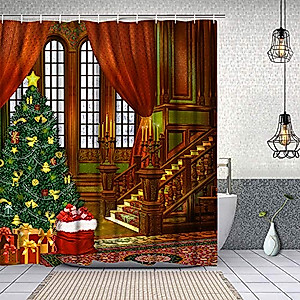 4 Pcs Christmas Shower Curtain Sets with Non-Slip Rugs, Toilet Lid Cover and Bath Mat, Red Vintage Xmas Tree and Castle Shower Curtain with 12 Hooks, Waterproof Shower Curtain for Bathroom Set