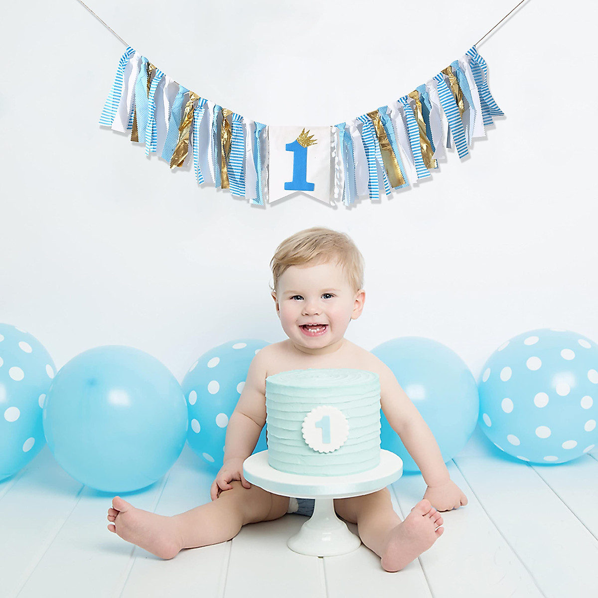 YESSWL 1st Birthday High Chair Banner - Baby Boy First Birthday Decorations High Chair Banner, One Birthday Party Decorations for Rag Tie Fabric Garland, Cake Smash Photo Booth Props Party Supplies((blue High Chair Banner)