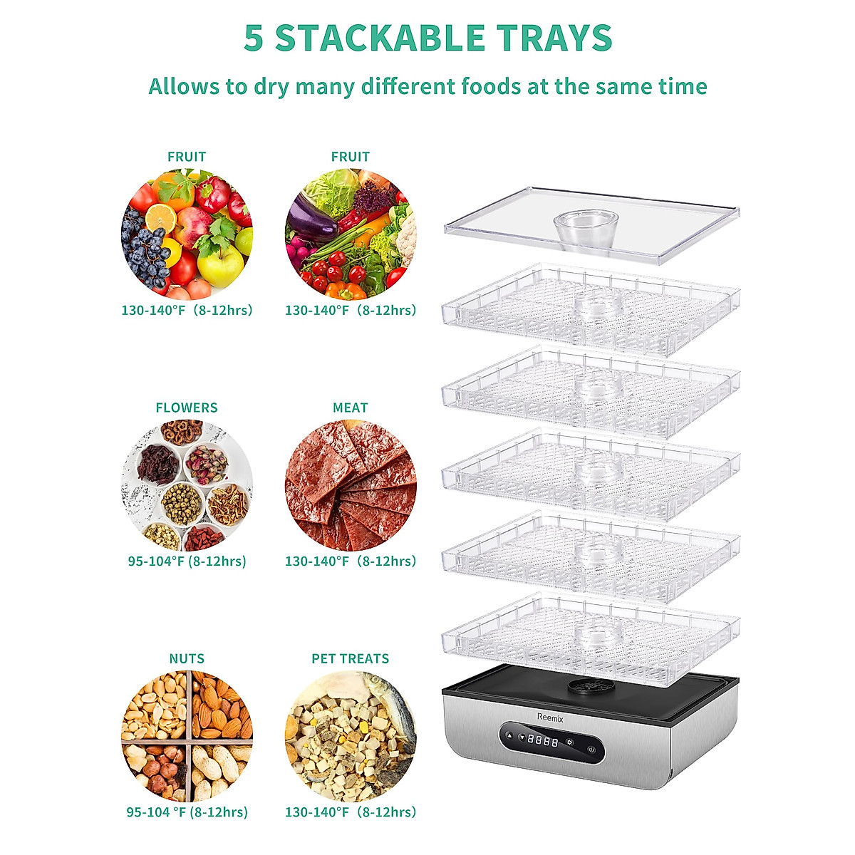 Reemix Food Dehydrator Machine, Compact Dehydrators for Food and Jerky, Fruits, Veggies, 500W Dehydrated Dryer with Temperature Control, 5 BPA-Free Trays Dishwasher Safe, Silver