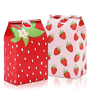 Whaline 24 Pcs Strawberry Candy Party Favor Bags Colorful Fruity Gift Bags with Strawberry Tag Sticker Goodie Bags for Summer Holiday Birthday Gift Wrap