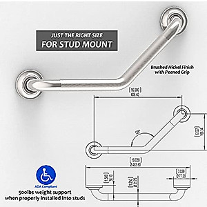 AmeriLuck Decorative Angled Grab Bar for Stud Mount, ADA Compliant 500lbs Loading Capacity, Stainless Steel (Peened, 16 inches)