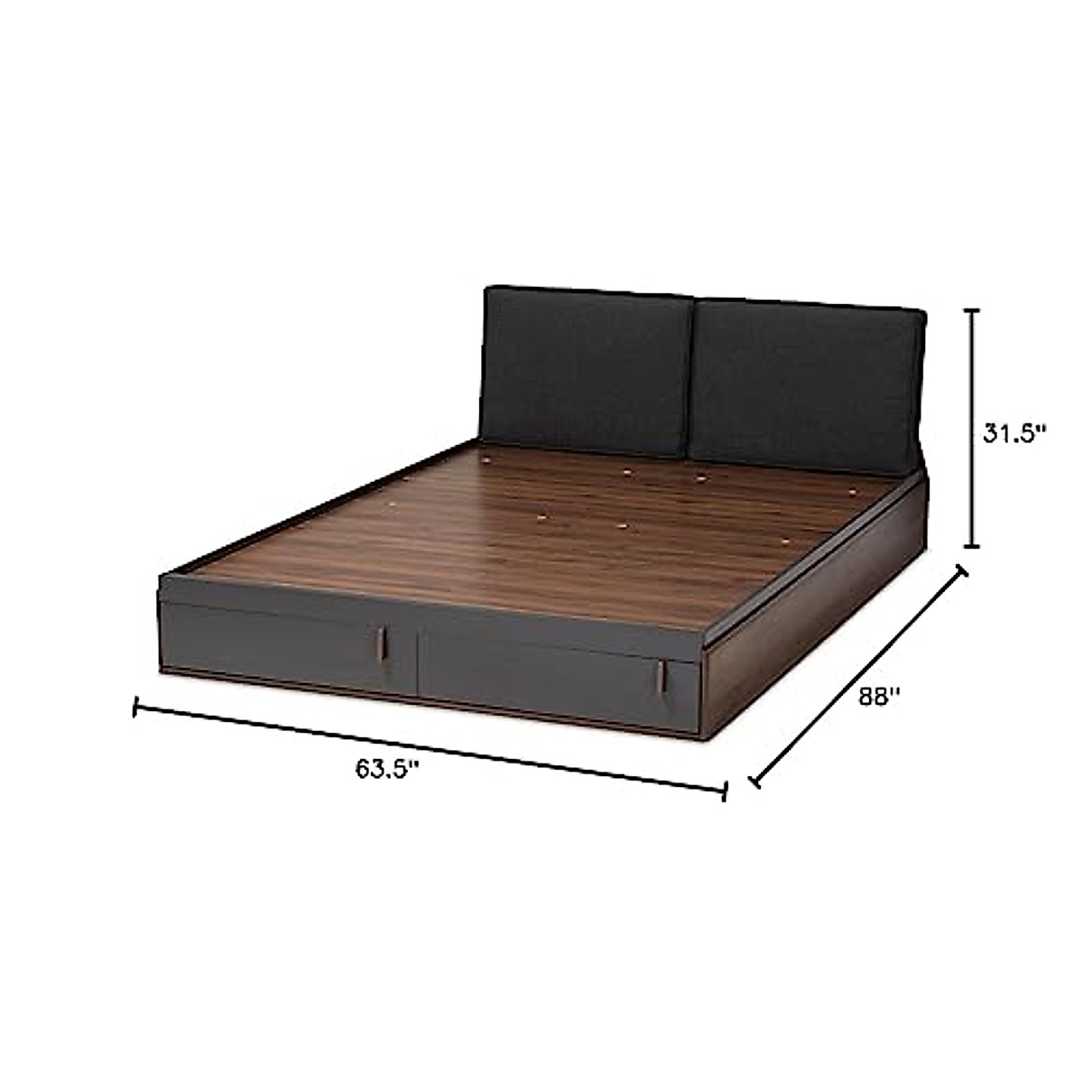 Baxton Studio Rikke Modern and Contemporary Two-Tone Gray and Walnut Finished Wood Queen Size Platform Storage Bed with Gray Fabric Upholstered Headboard