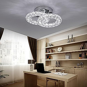 Kadomm Crystal LED Chandelier 2 Ring Light Fixture Flush Mount Pendant Light for Bedroom Modern LED Ceiling Light for Living Room Hallyway Ceiling Lamp (3-Color Light)
