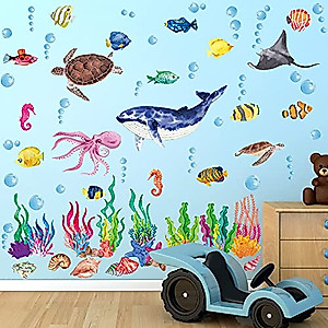 114 Pieces Colorful Ocean Life Wall Sticker Sea Creatures Wall Stickers Under The Sea Fish Jellyfish Removable Wall Decor Peel and Stick Underwater Sea Decor for Kid Baby Bathroom Bedroom Living Room