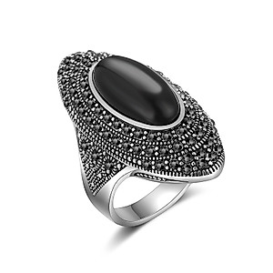 Aprilery Black Retro Marcasite Rings for Women, Fashion Cocktail Statement Rings Costume Vintage Crystal Big Onyx Stone Rings Jewelry for Her