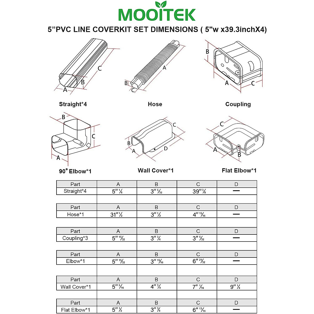 MOOITEK 5" 17Ft PVC Decorative Line Set Cover Kit for Ductless Mini Split Air Conditioners 17FT Line Set Cover for Heat Pump System and Central AC(Total Length 17Ft), White
