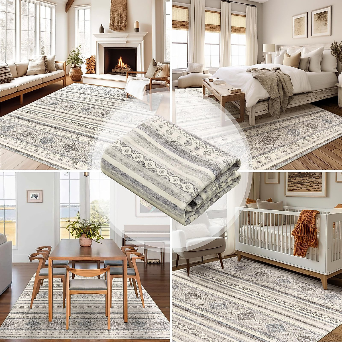 Madane 8x10 Area Rugs for Living Room, Stain Resistant Moroccan Washable Rugs 8x10, Thin Geometric Area Rugs 8x10 with Non-Slip Backing, Soft Low Pile Neutral 8x10 Rug, Grey/Ivory