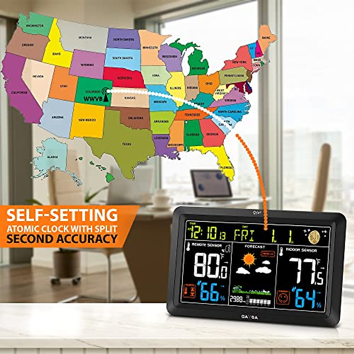 BAYGA Indoor Outdoor Thermometer Wireless, Weather Station with Atomic Clock, High Precision Temperature Humidity Meter, HD Color Display Weather Thermometer with Barometer and Adjustable Backlight