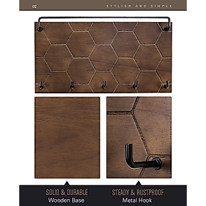 Emibele Sunglass Organizer Wall Key Holder, Decorative Wood Wall Jewelry Organizer Glasses and Sunglass Holder Display with 5 Hooks Key Rack Hanging Eyeglass Storage for Entryway Living Room, Walnut