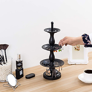 MyGift 3-Tier Black Metal Fountain Earring Holder Organizer and Ring Dish Jewelry Stand