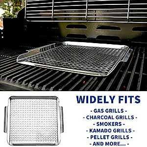 Grill Pan, Stainless Steel Grill Topper Heavy Duty BBQ Grill Wok with Handles Vegetables Grill Basket Outdoor Grill Accessories Cookware Grill Utensils for Barbecue Cooking