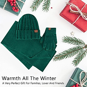 Womens Winter Warm Knit Beanie Hats and Touchscreen Gloves Long Scarf Sets with Sequins Thick Fleece Lined Dark Green