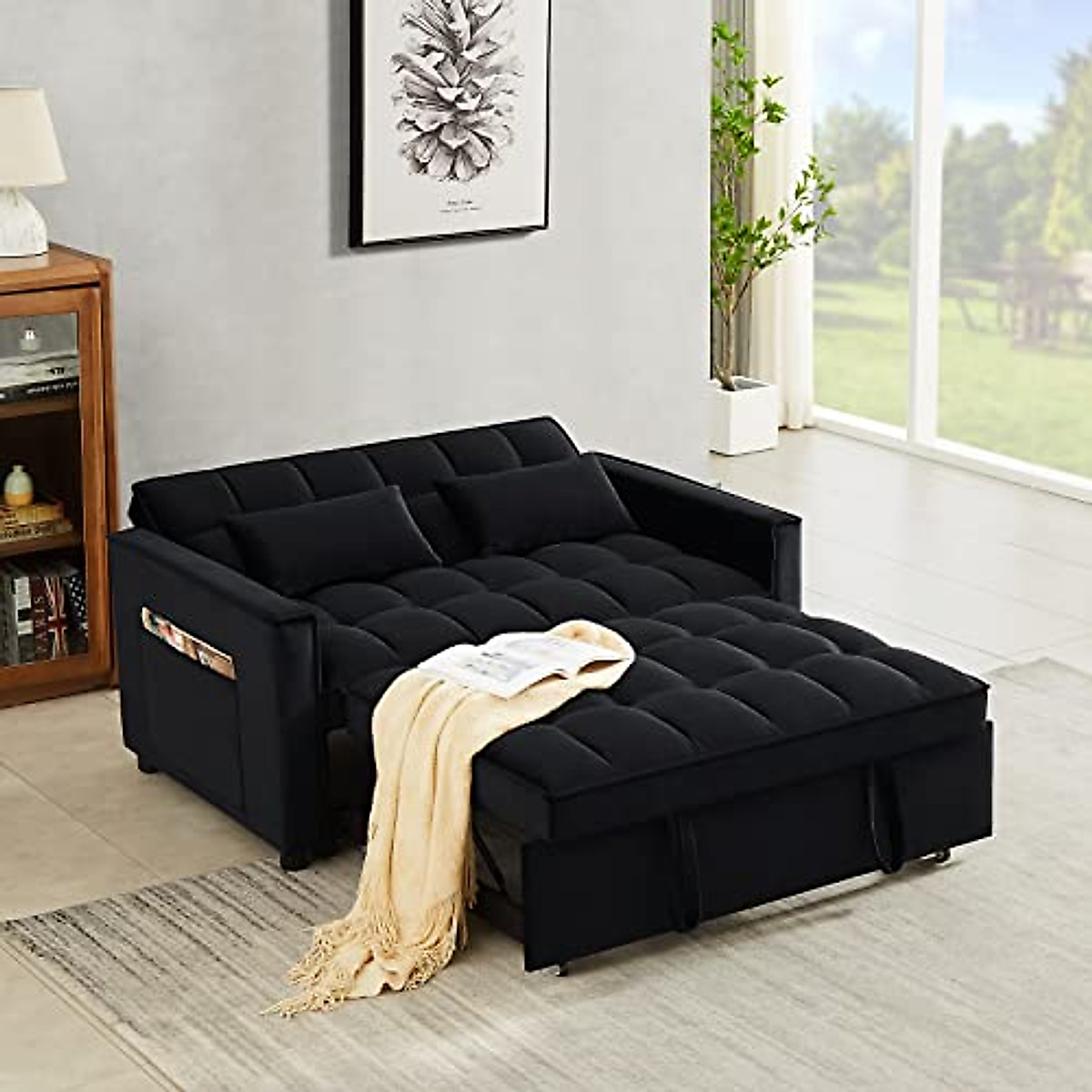 P PURLOVE Modern Velvet Convertible Loveseat Sleeper Sofa Couch with Adjustable Backrest, 2 Seater Sofa with Pull-Out Bed with Side Pocket,2 Pillows for Small Living Room & Apartment