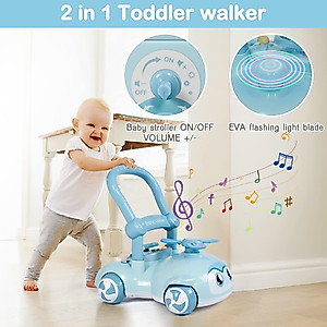 COLOR TREE 2 in 1 Baby Walker + Toddler Steering Wheel Activity Center, Sit-to-Stand Push Pull Walker, Early Educational Learning Toy with 4 Large Wheels and EVA Flash Lamp Blades and Music, Blue