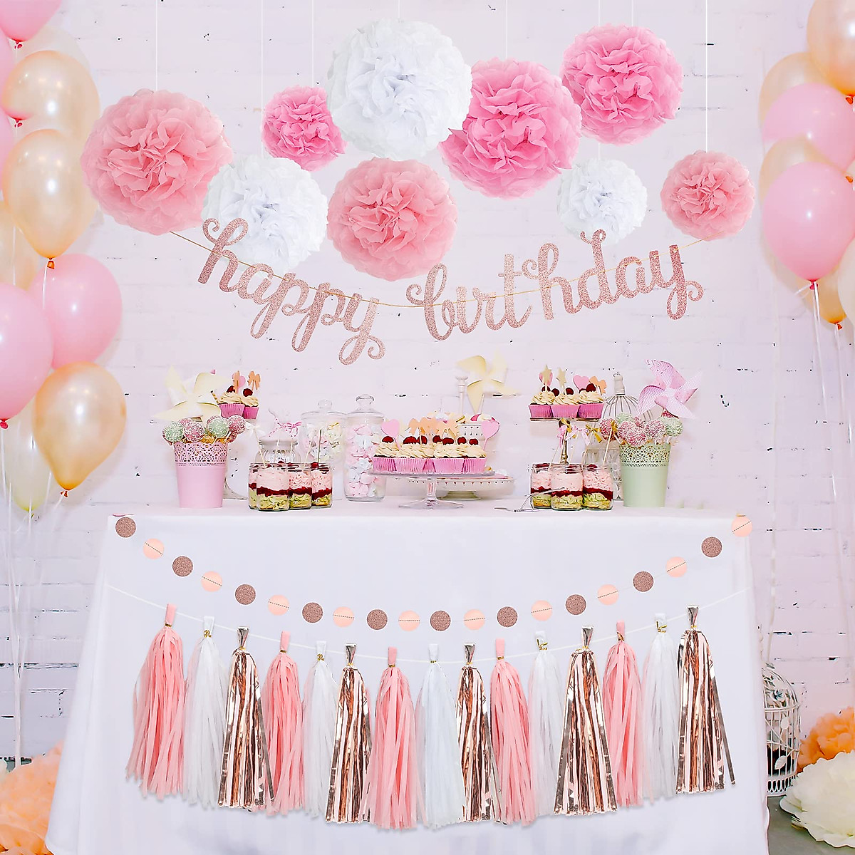 RUBFAC Rose Gold Pink Birthday Party Decorations Set with Happy Birthday Banner, Tissue Paper Pompoms, Circle Dots Garland and Paper Tassels Garland for Birthday Party Decorations Women Girls