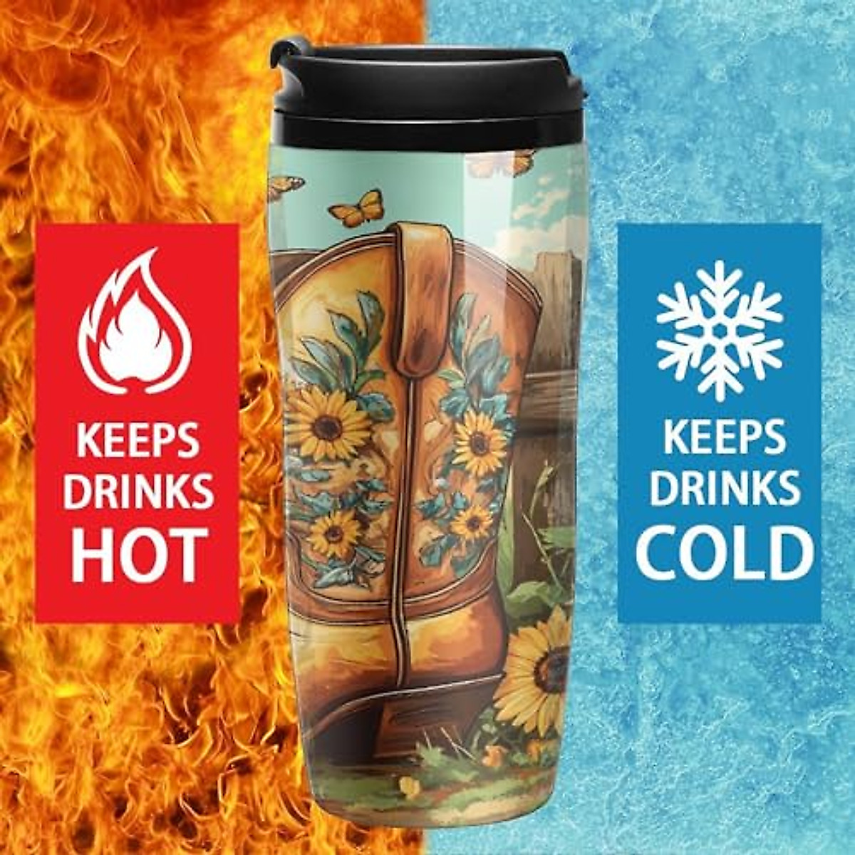 Boot Sunflower Flowers Travel Coffee Mug Reusable Coffee Cup Tumbler with Lid for Outdoor 350ml