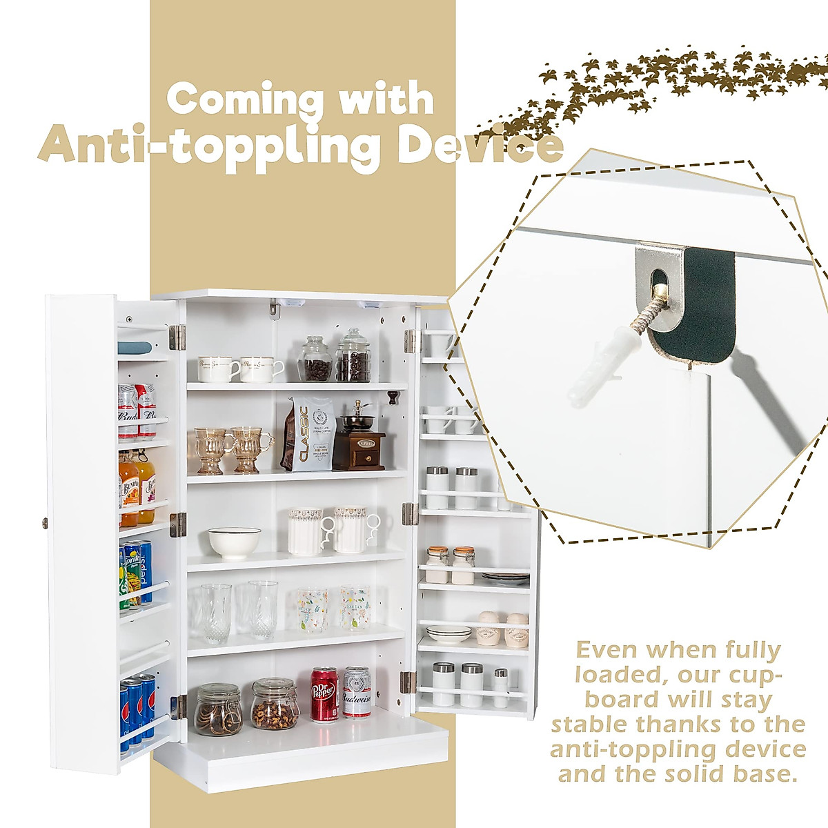 LOKO White Pantry Cabinet, Multifunctional Floor Storage Cabinet with Adjustable Shelves and Anti-toppling Device, Compact Kitchen Cupboard with Double Doors, 23 x 12 x 41 inches