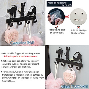 PandS Cute Cat Key Holder Coat Hooks - Decorative Black Metal Wall Hooks with Adhesive Stick On Hooks, Wall Damage Free, 9.45 x 6.3 inches