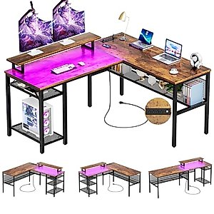 Unikito L Shaped Desk with Magic Power Outlets and Smart Strip Light, Reversible 55 Inch Corner Computer Desk with Monitor Stand, Unique Grid Design, Office Table with Storage Shelves, Rustic Brown