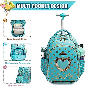 Oruiji Rolling Backpack for Girls Backpack with Wheels for Elementary Primary School Student Rolling Backpack with Lunch Bag Set