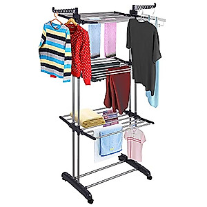 Aquaterior Folding 3 Tier Clothes Drying Rack Rolling Collapsible Garment Laundry Dryer Hanger Stand Rail Indoor Dark Grey