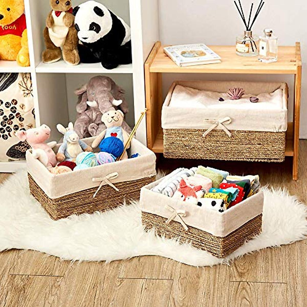 EZOWare Set of 7 Natural Woven Seagrass Wicker Storage Nest Baskets Shelf Organizer Container Bins with Liner