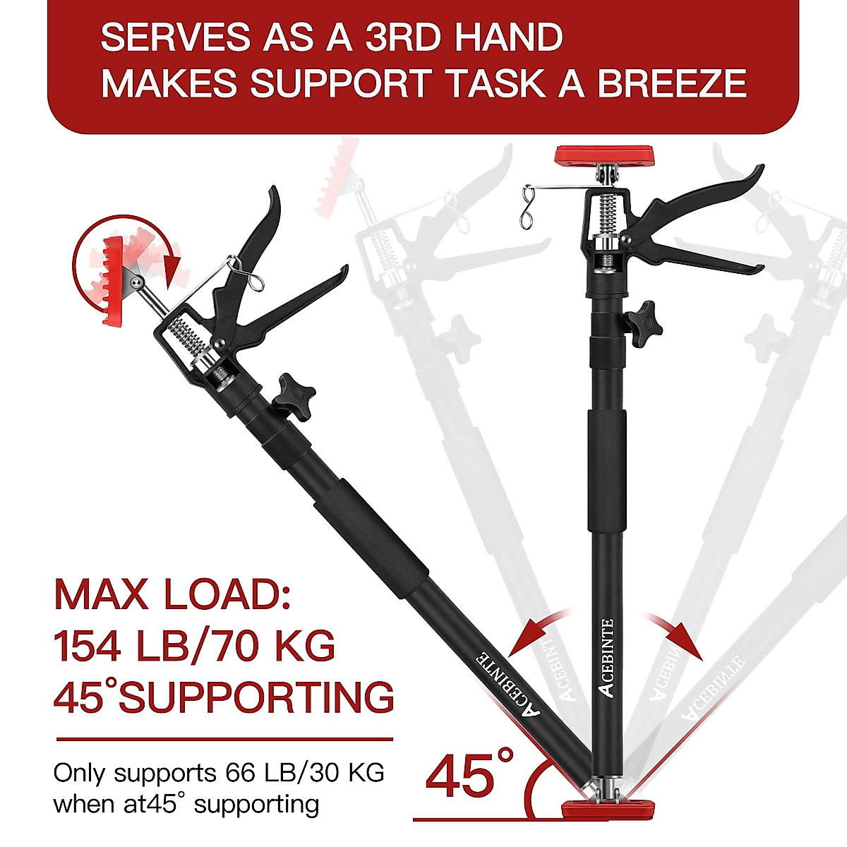 2PK Support Pole,Steel Telescopic Quick Adjustable 3rd Hand Support System, Support Rod, Supports up to 154 lbs Construction Rods for Cabinet Jacks Cargo Bars Drywalls Extends from 50 Inch to 118 Inch