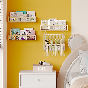 BBLIKE Nursery Book Shelves Set of 3 - Floating Shelves for Wall with Stuffed Animal Net, Wood Wall Mounted Shelves, Hanging Nursery Furniture for Toy Storage and Playroom, Kids Room, Nursery Decor