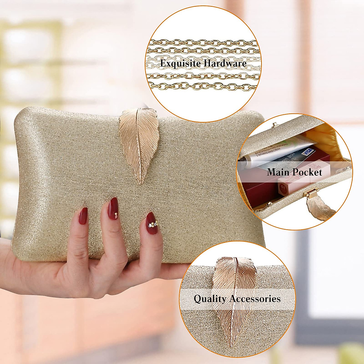 Women's Evening Bag Clutch Purse Sparkly Sequin Glitter Handbag Bridal Wedding Shoulder Bag Crossbody Bag with Leaf-style Flip Lock Messenger Bag for Wedding Cocktail Party Prom Gold