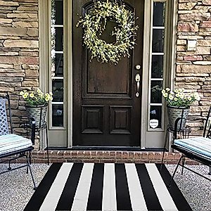 CAINANEL Black and White Striped Outdoor Rug 27.5X 43 inches Front Door Mat Hand-Woven Cotton Indoor/Outdoor for Layered Door Mats,Welcome Door Mat, Front Porch,Farmhouse,Kitchen,Entry Way
