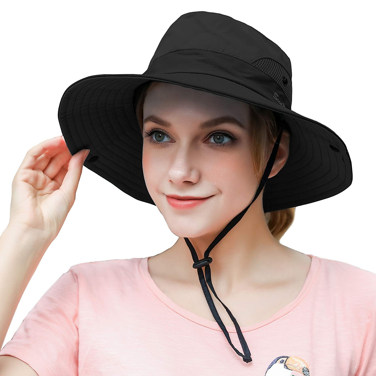 Muryobao Womens Outdoor Sun Hat Ponytail UV Protection Wide Brim Mesh Foldable Safari Beach Fishing Bucket Cap 2 Pack Black & Grey