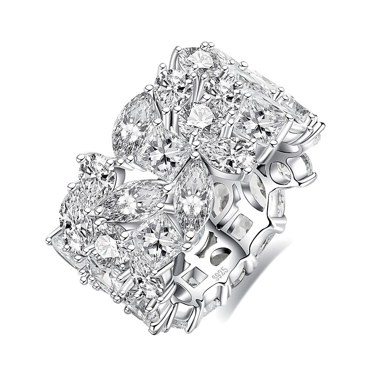 Gobaalele Triple Row Cubic Zirconia Eternity Band Ring, 15.8 cttw 5A CZ S925 Sterling Silver Stackable Iced Out Wedding Band Statement Ring Christmas gift for women Size8.0