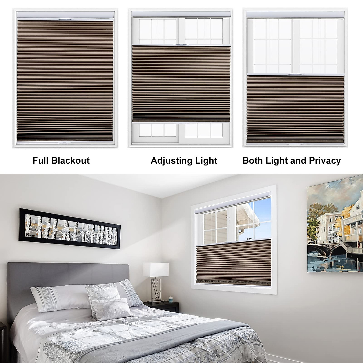 Persilux Custom Size Cellular Shades Top Down Bottom Up Cordless Blackout Blinds Pleated Shades for Window Cordless Insulated Honeycomb Shades Privacy Protection Window Shades for Home Brown
