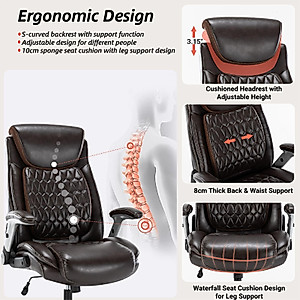 Big and Tall 400lbs Executive Office Chair, Luxury Pu Leather Home Desk Chair-Adjustable Seat Height Padded Armrest Lumbar Support, Ergonomic Swivel Computer Chair with Wide Seat (Brown)