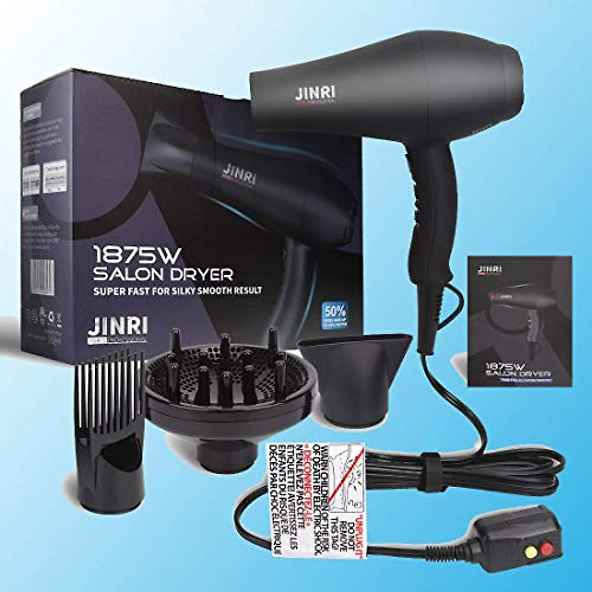 Hair Dryer 1875W, Negative Ionic Fast Dry Low Noise Blow Dryer, Professional Salon Hair Dryers with Diffuser, Concentrator, Styling Pik, 2 Speed and 3 Heat Settings (Black)